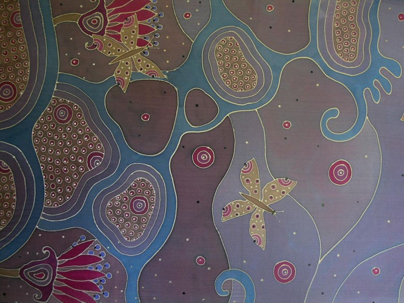 Silk Scarf Blue Purple Silk Wrap Floral Design With - Etsy