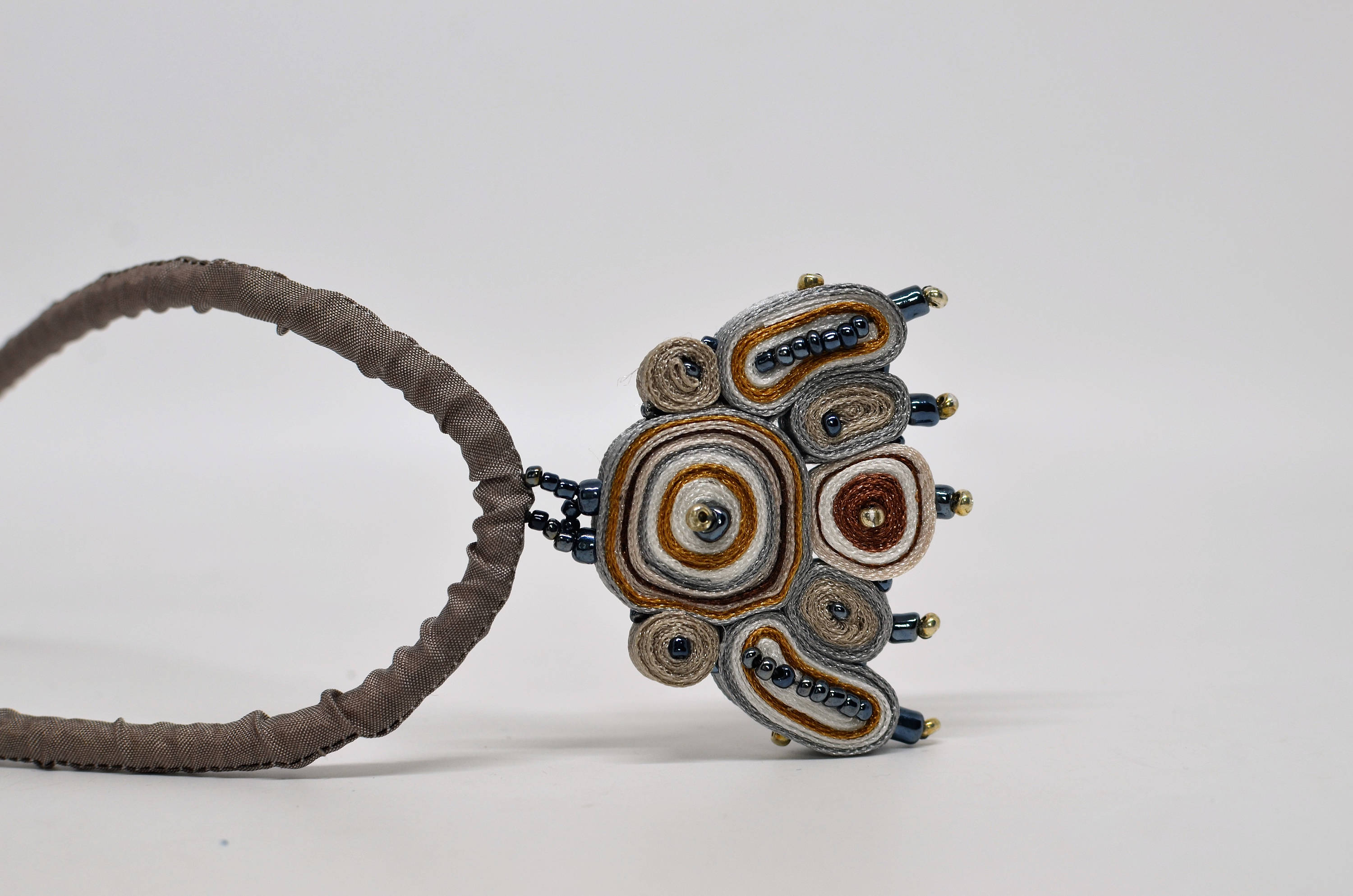 Fabric Necklace Beige, Textile Pendant Brown, Beaded Beige Pendant ...