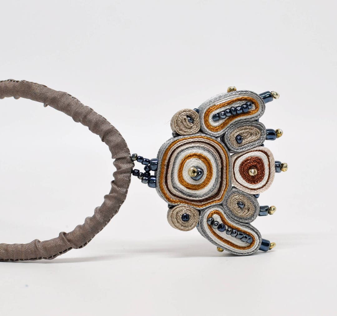 Fabric Necklace Beige, Textile Pendant Brown, Beaded Beige Pendant ...