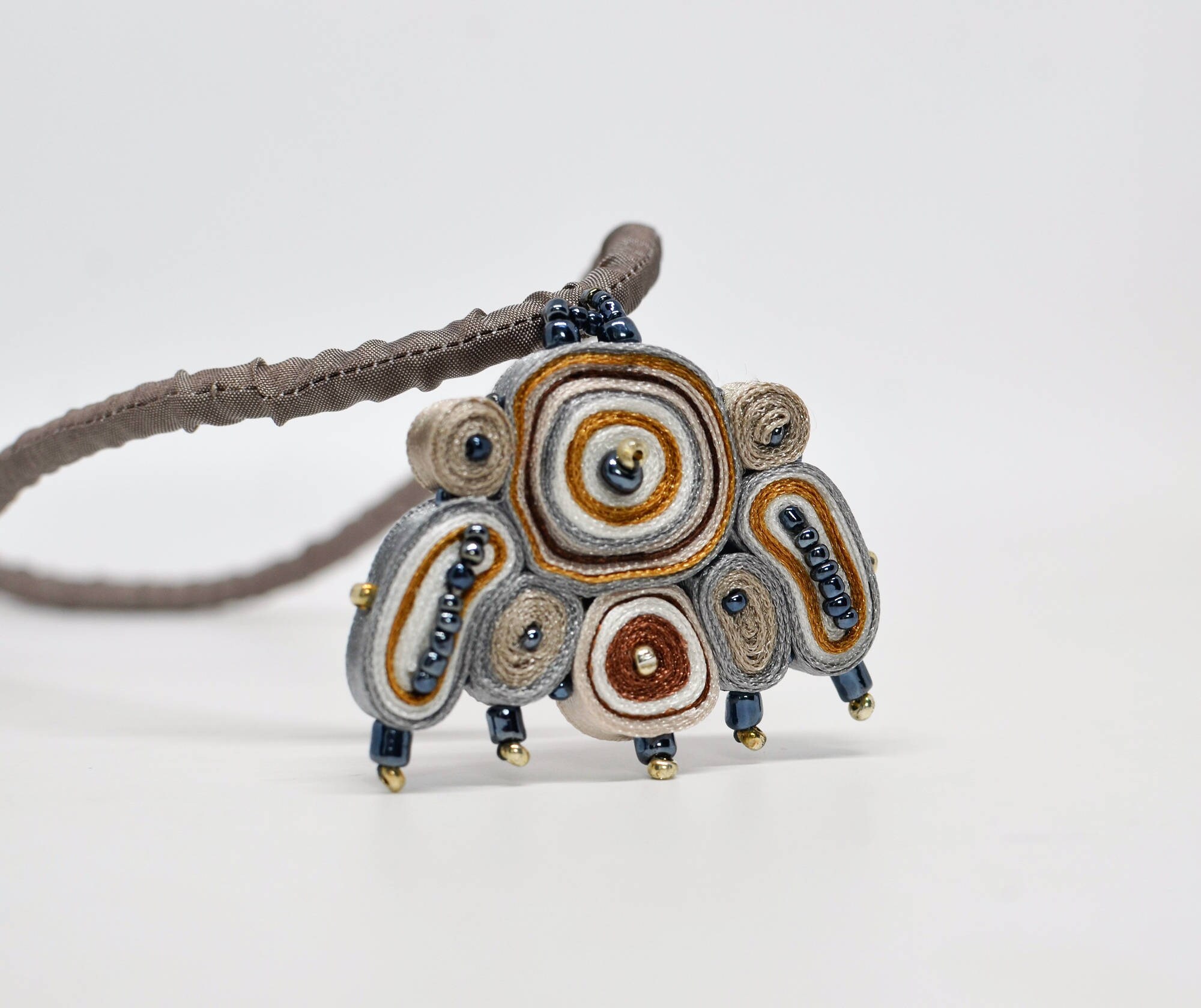 Fabric Necklace Beige, Textile Pendant Brown, Beaded Beige Pendant ...