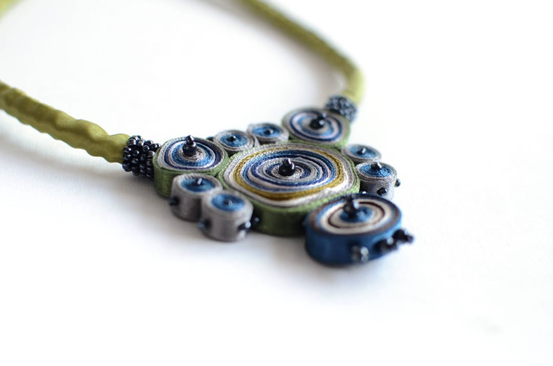 Textile Necklace Green, Fabric Necklace Blue, Statement Necklace ...