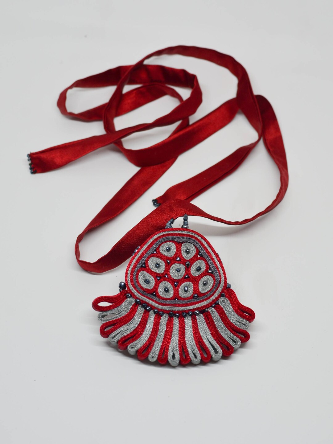 Textile Necklace Red, Fiber Necklace Floral Design, Fabric Necklace ...