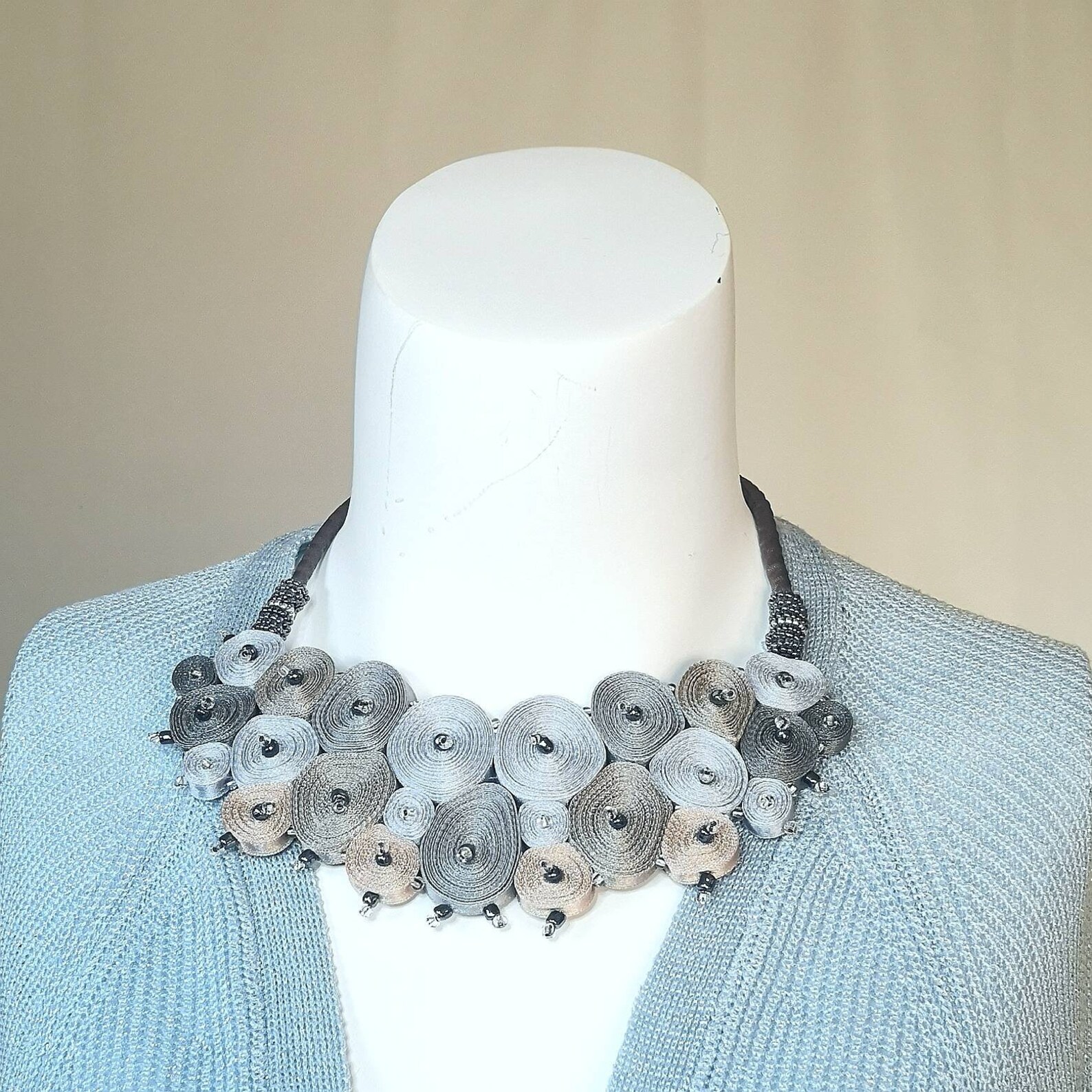 Fabric Necklace Gray, Textile Necklace Beaded, Collar Necklace Beige ...