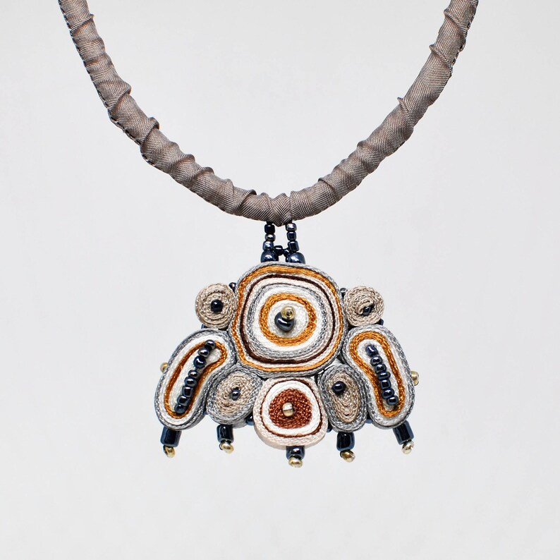 Fabric Necklace Beige, Textile Pendant Brown, Beaded Beige Pendant ...