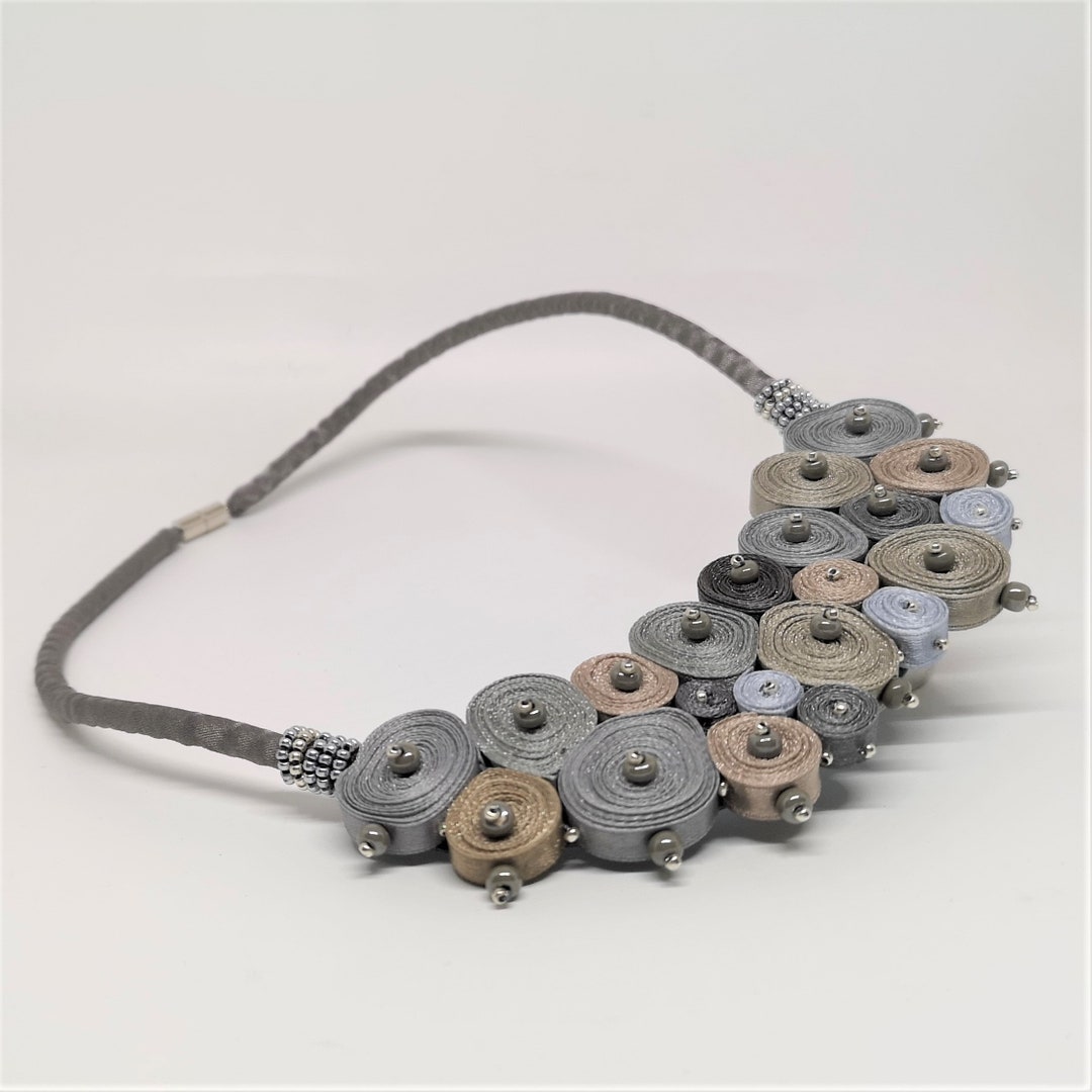 Fabric Necklace Gray, Textile Necklace Beaded, Collar Necklace Beige ...