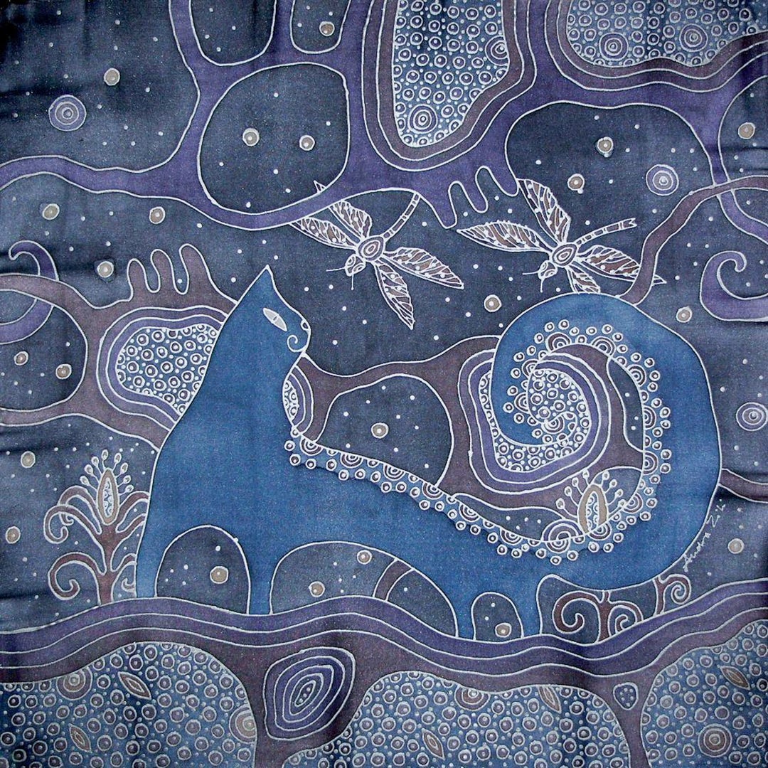 Blue Cat Painting for Home Decor, Gift for Cat Lover, Wall Hanging Navy ...