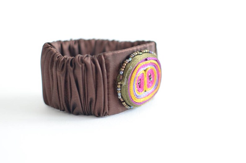 Textile Bracelet Brown Purple, Fabric Cuff Beaded, Bracelet Brown ...
