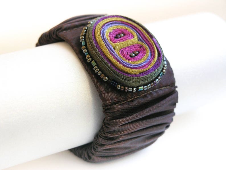 Textile Bracelet Brown Purple, Fabric Cuff Beaded, Bracelet Brown ...