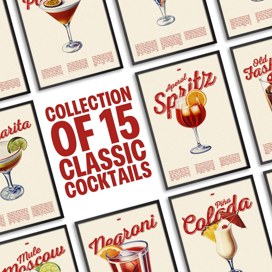 Retro Cocktail Poster Set: Bar Cart Gallery Wall Art (15 Digital Prints ...
