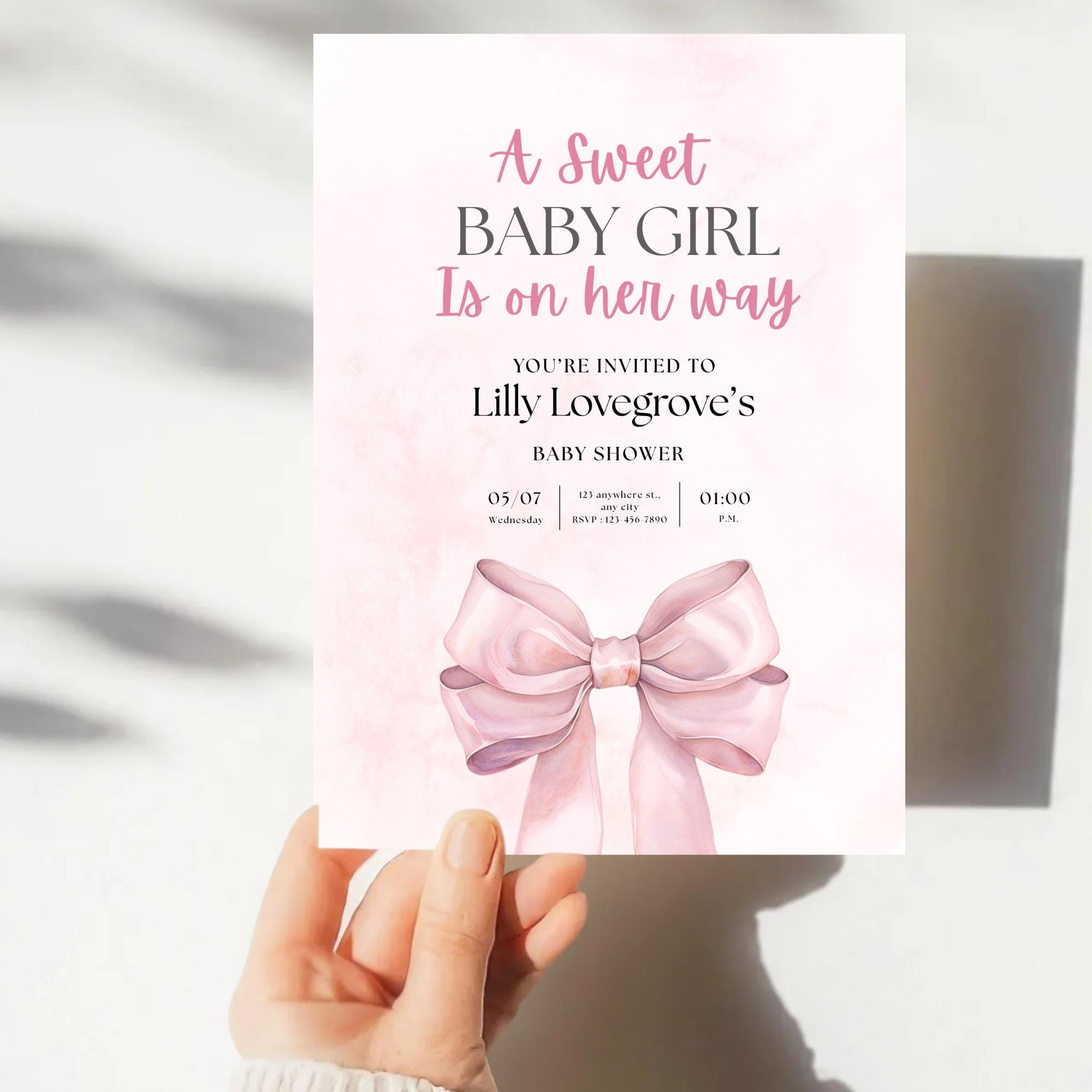 Pink Bow Baby Girl Editable Card, Chic Printable Baby Shower Invitation ...