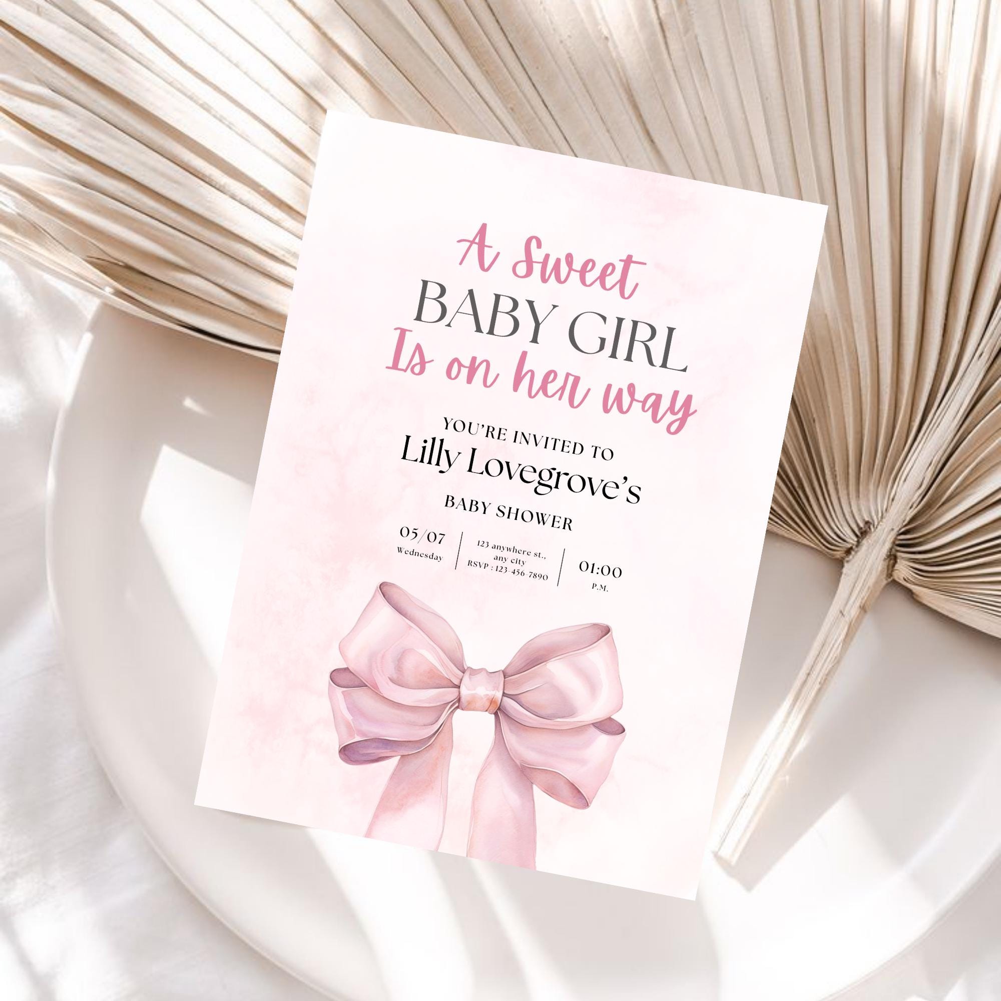 Pink Bow Baby Girl Editable Card, Chic Printable Baby Shower Invitation ...