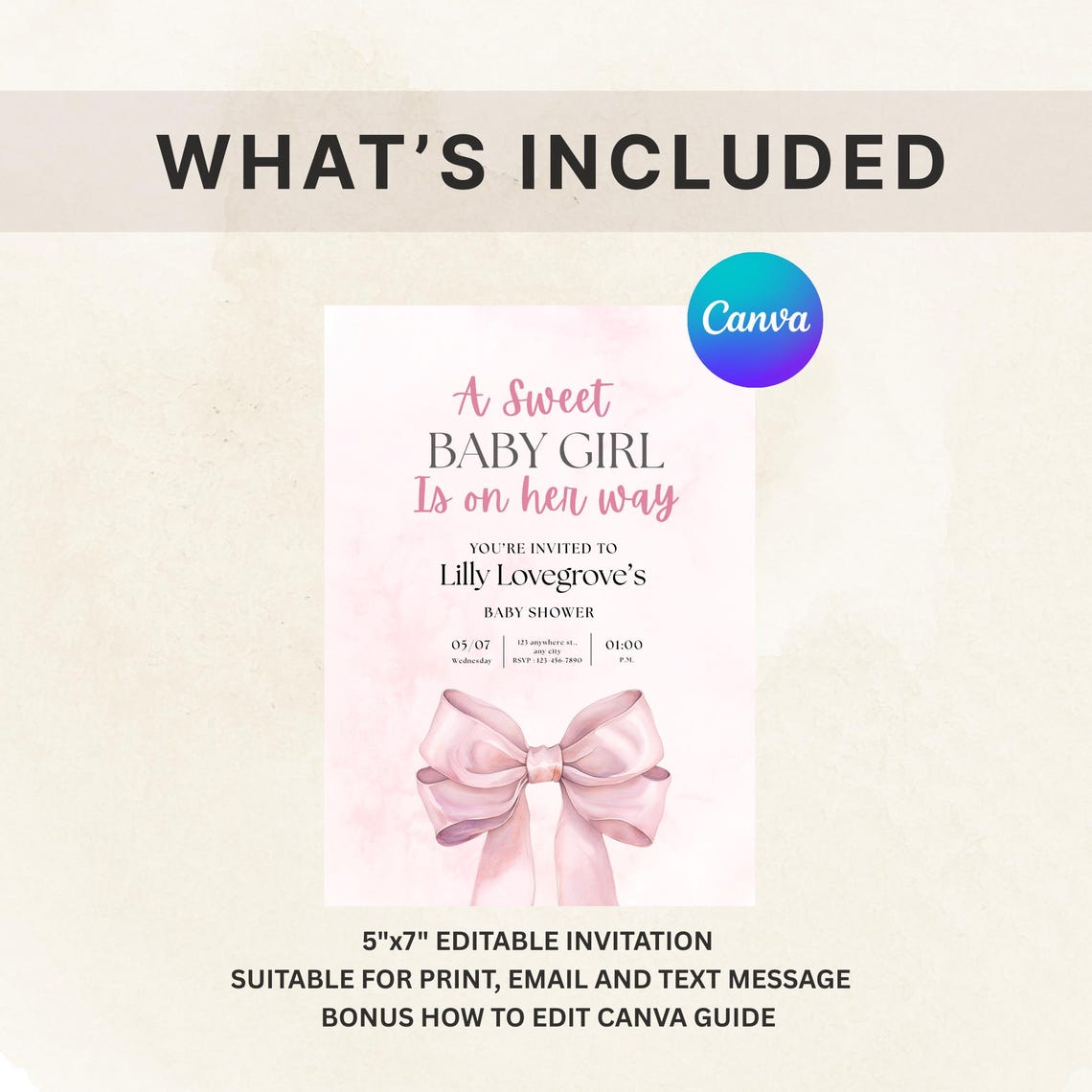 Pink Bow Baby Girl Editable Card, Chic Printable Baby Shower Invitation ...