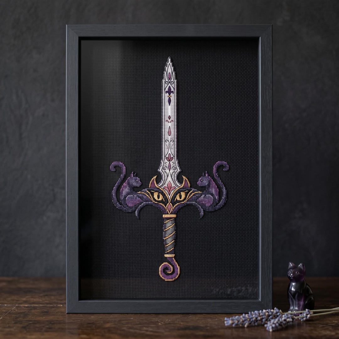 Cat Gothic Sword Cross Stitch Pattern - Dark Fantasy Needlework Wall ...