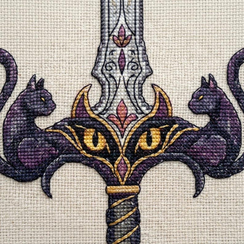 Cat Gothic Sword Cross Stitch Pattern - Dark Fantasy Needlework Wall ...