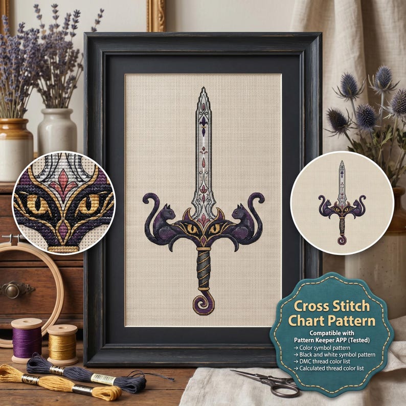 Cat Gothic Sword Cross Stitch Pattern - Dark Fantasy Needlework Wall ...