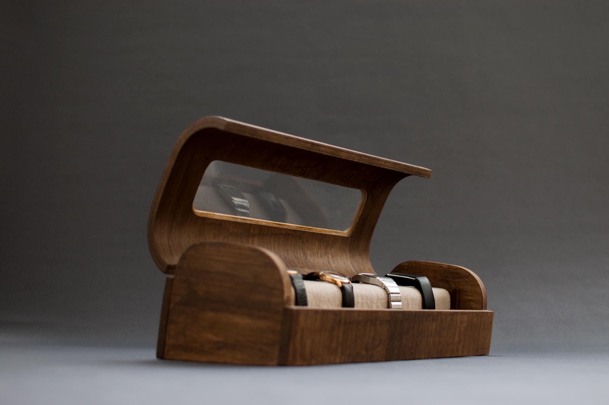 Handmade Wooden Watch Box – Curved Wood Display Case With Clear Acrylic ...