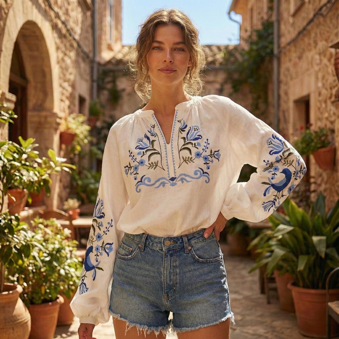 White Mandarin Collar Embroidered Blouse, Ethnic Folk Woven Top, Long ...