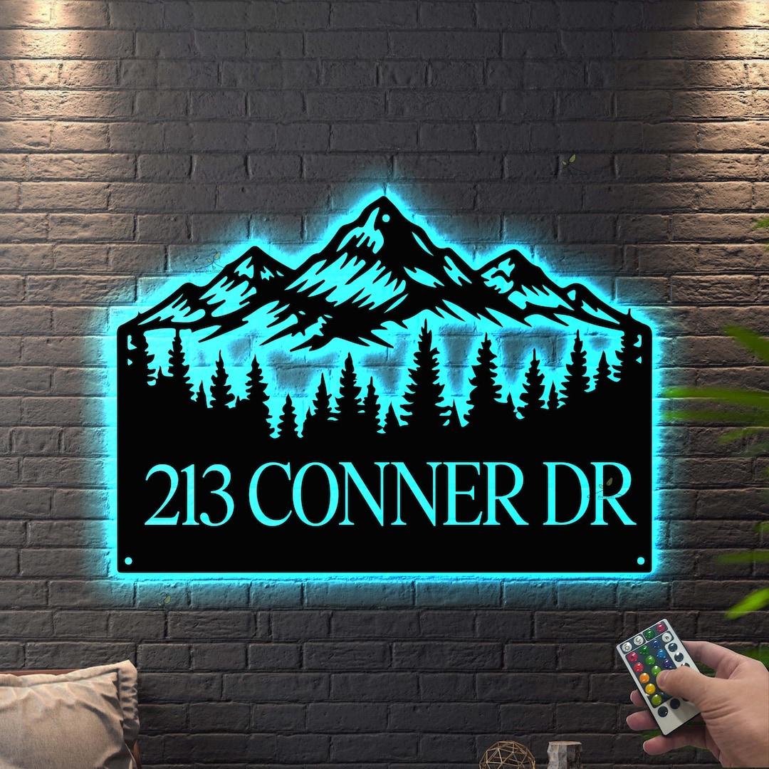 Custom Mountain Range & Forest LED Sign With Address, Personalized ...
