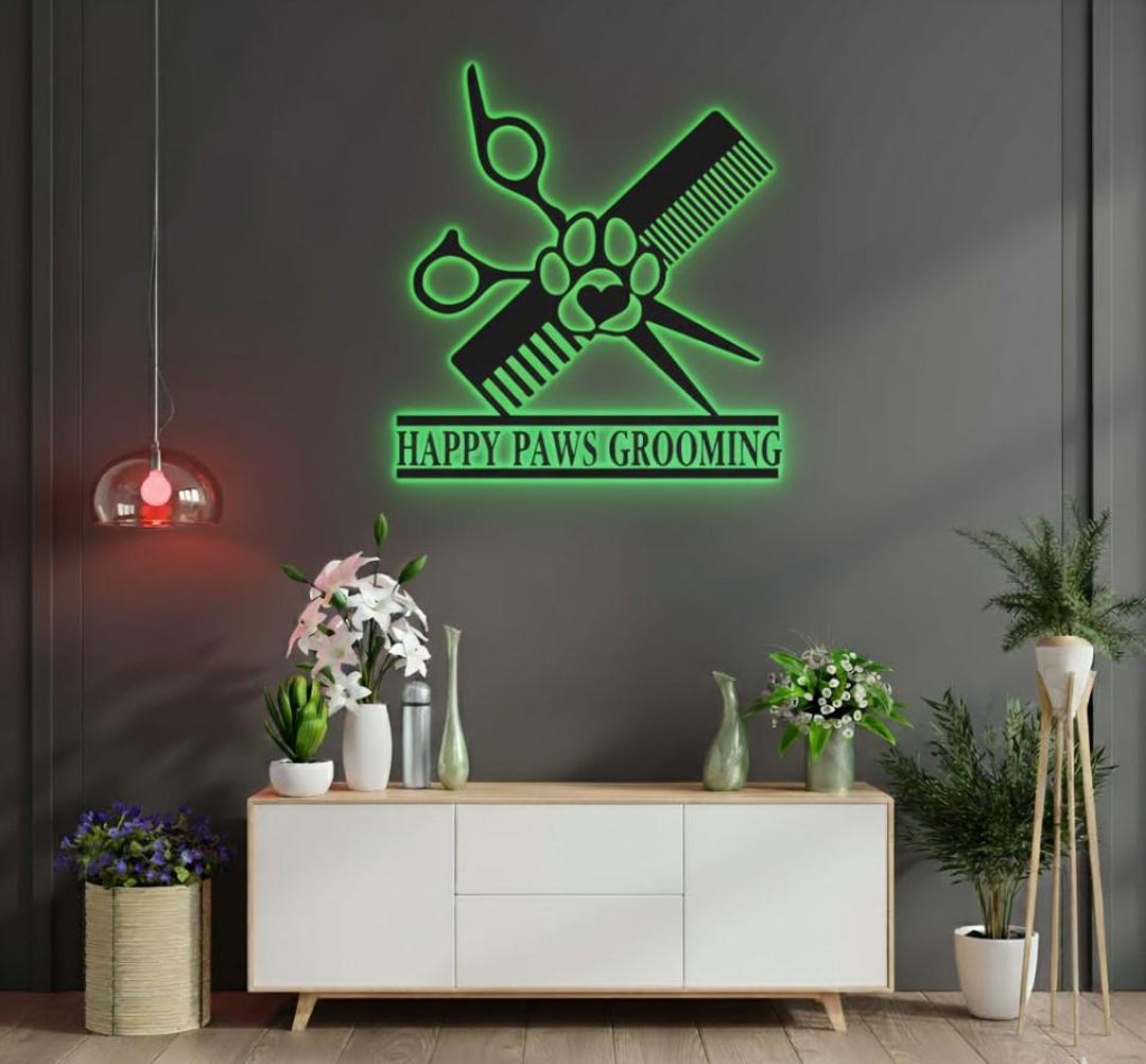 Dog Grooming LED Light up Sign, Scissors & Comb Metal Wall Art,pet ...