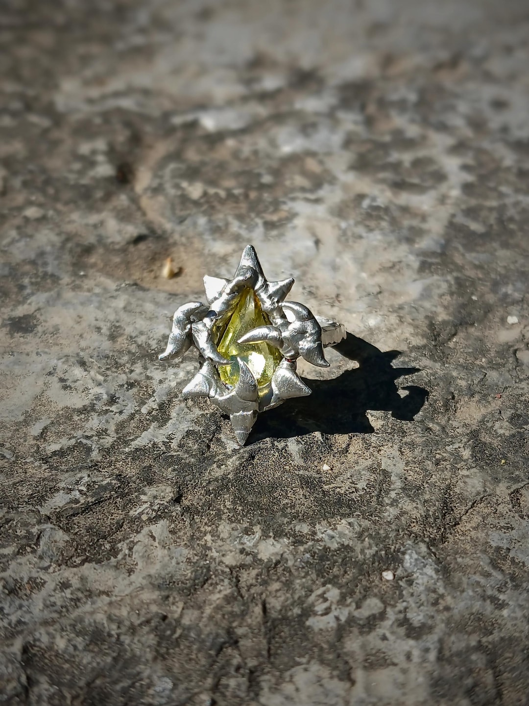 Spiky Cybersigilism Inspired Melted Metal Ring With a Yellow Crystal ...