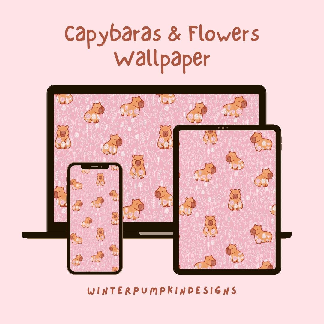 Cute Capybaras and Flowers Wallpaper, Hand-drawn Digital Backgrounds ...
