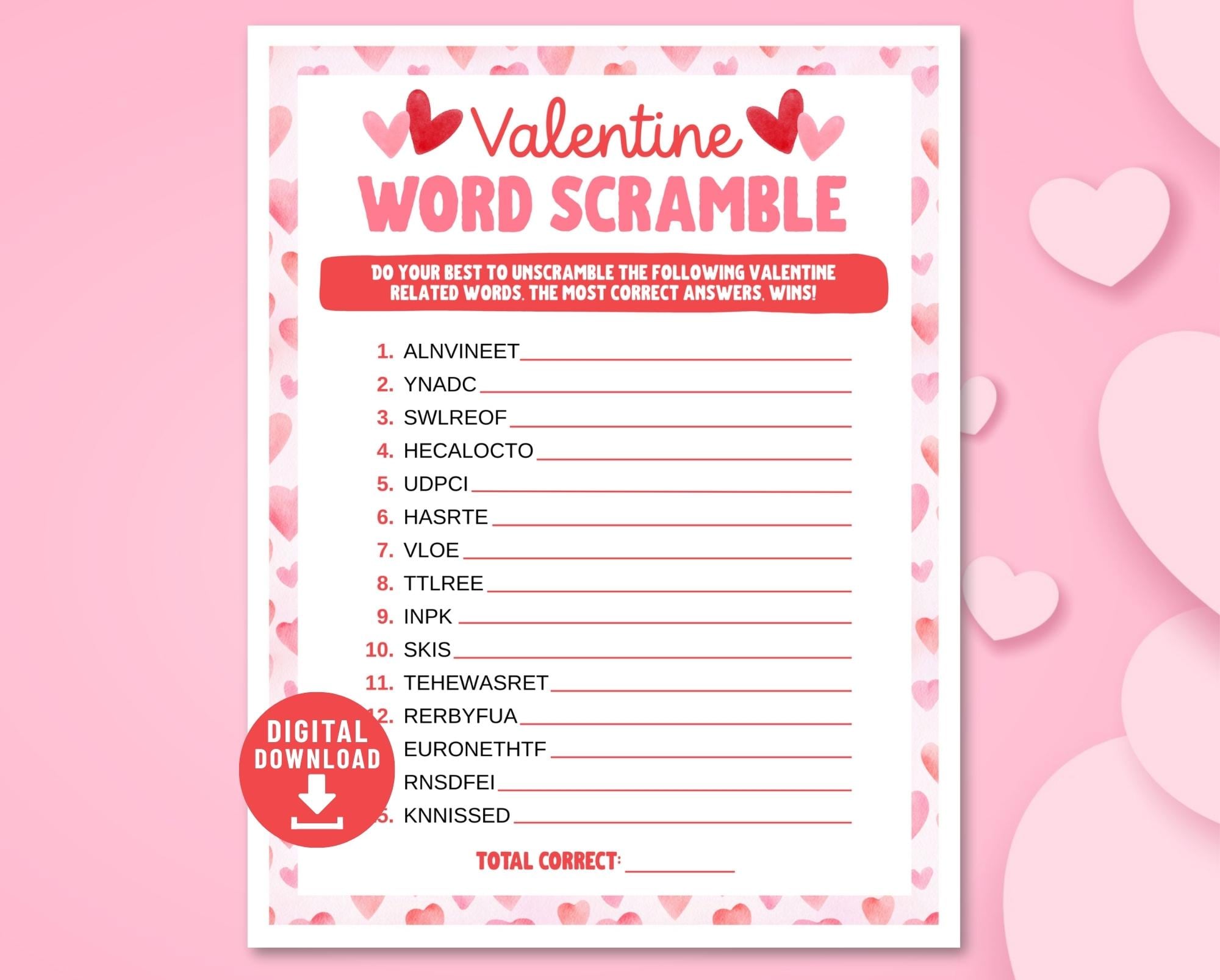 Valentine's Day Word Scramble Game, Printable Party Game Kids Adults ...