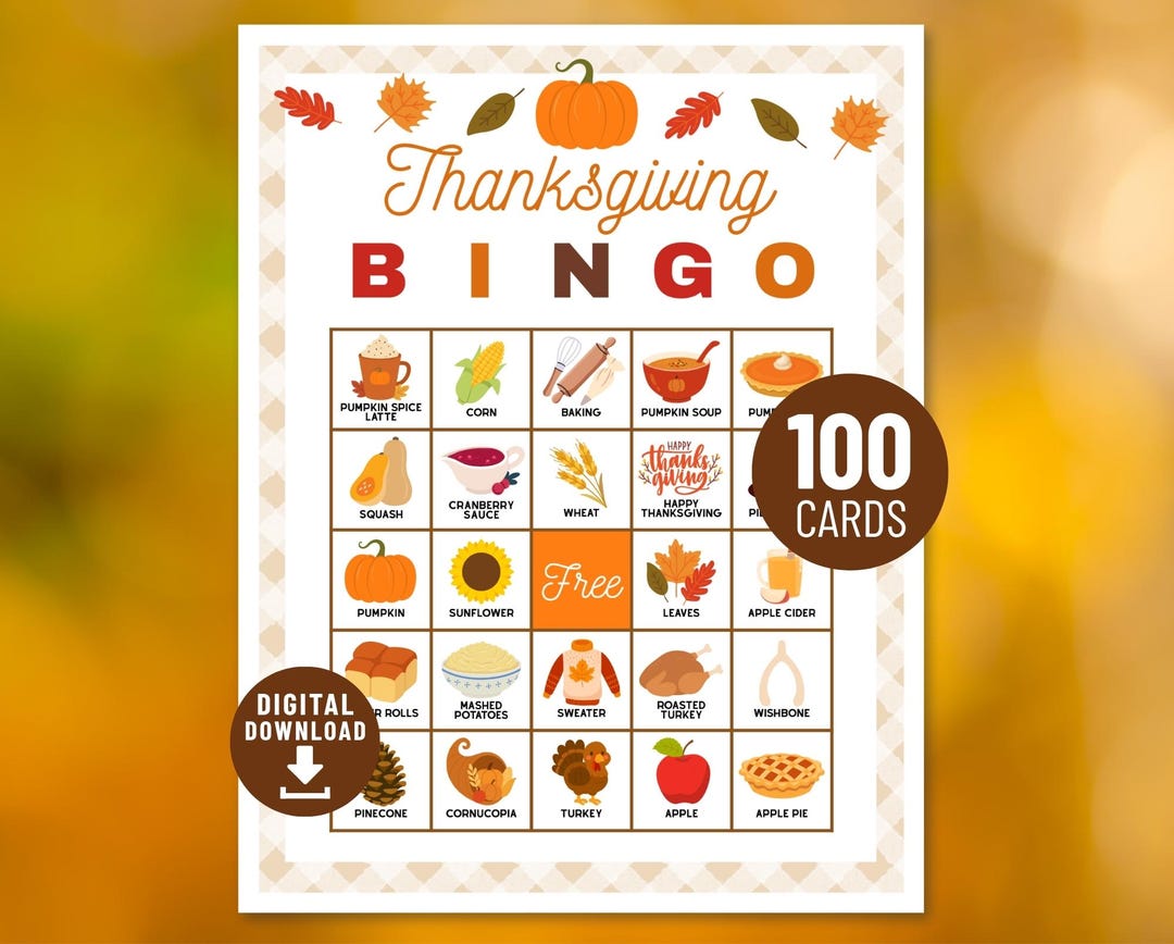 Thanksgiving Bingo, 100 Cards Thanksgiving Printable Bingo Game ...