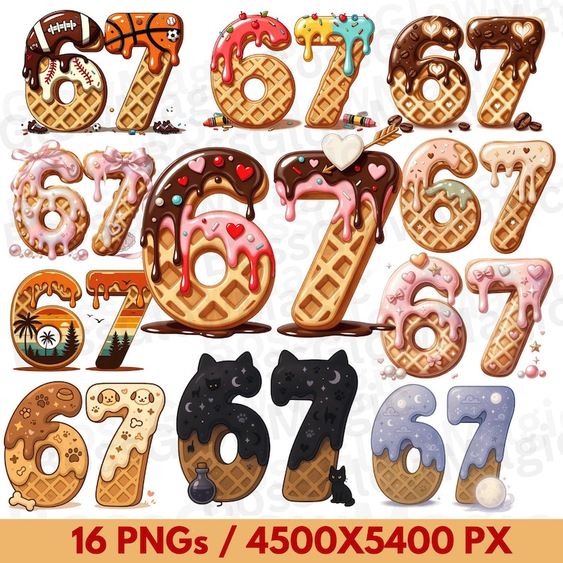 67 PNG Bundle, Waffle Number Clipart, Dripping Icing 67 Sublimation ...
