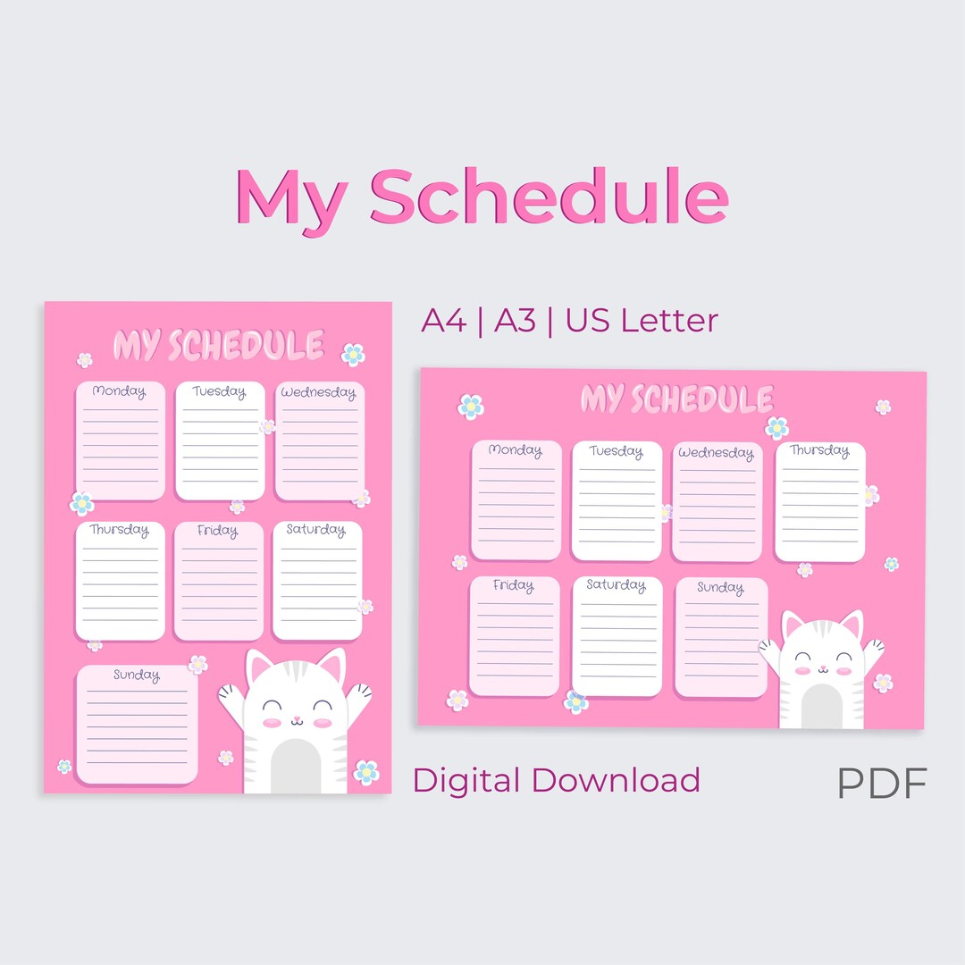 Kids Weekly Schedule Printable | Cute Cat School Planner | Editable PDF ...
