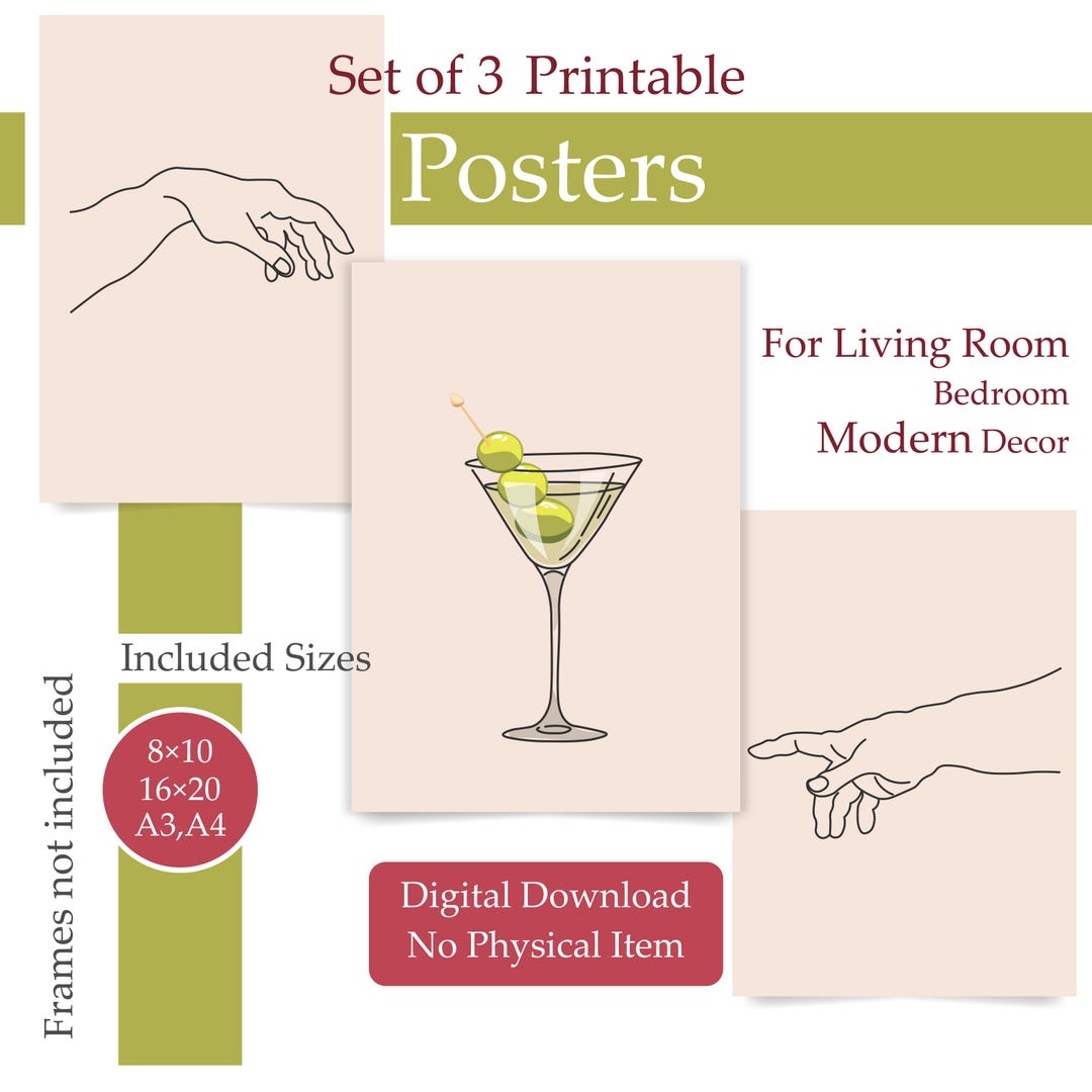 Martini Glass Line Art Print Set: Minimalist Bar Decor (digital ...