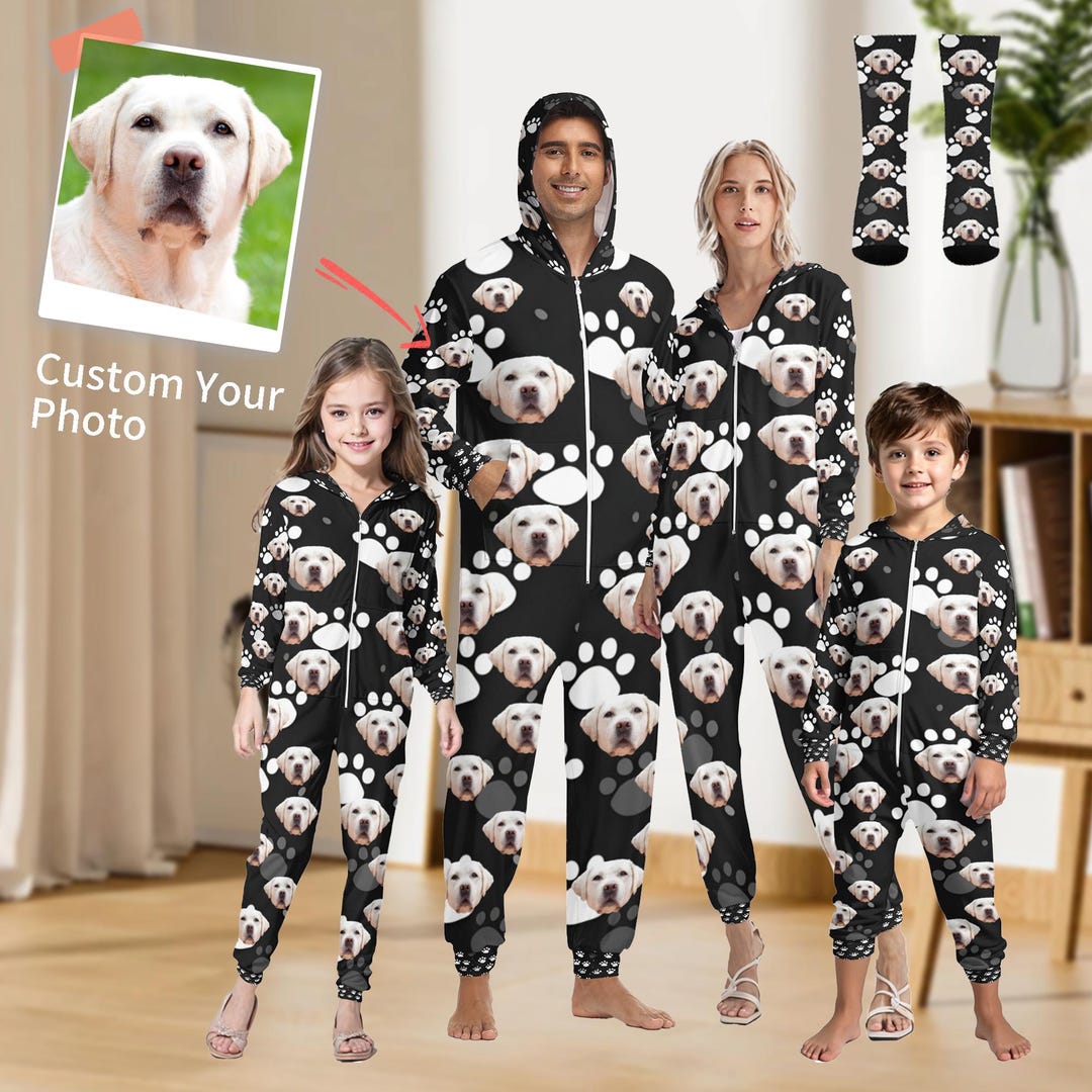 Custom Family Photo Pajamas Set:personalized Hooded Zipper One-piece ...