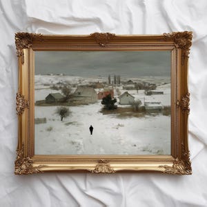 Winter Village Scene Print | Rustic Minimalist Landscape (digital ...