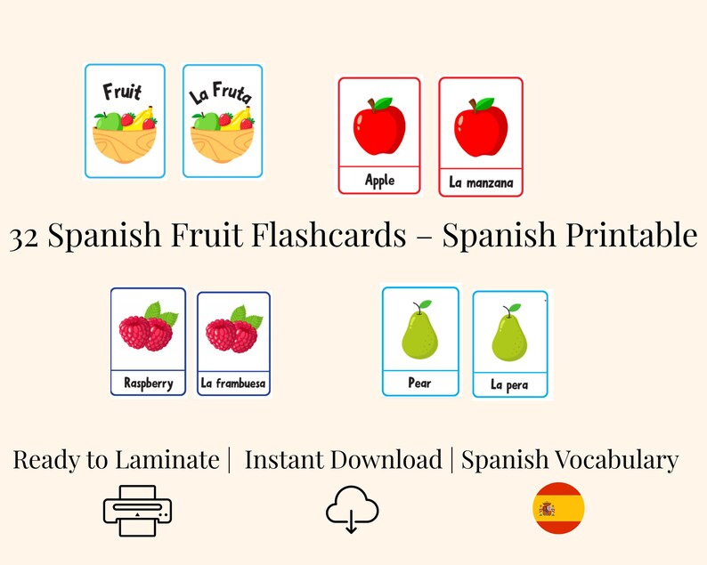 Spanish Fruit Flashcards Printable – Spanish Vocabulary Game for Kids ...