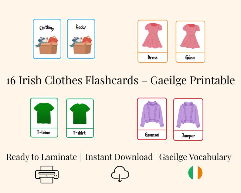 Irish Clothing Flashcards Printable – Gaeilge Vocabulary Game for Kids ...