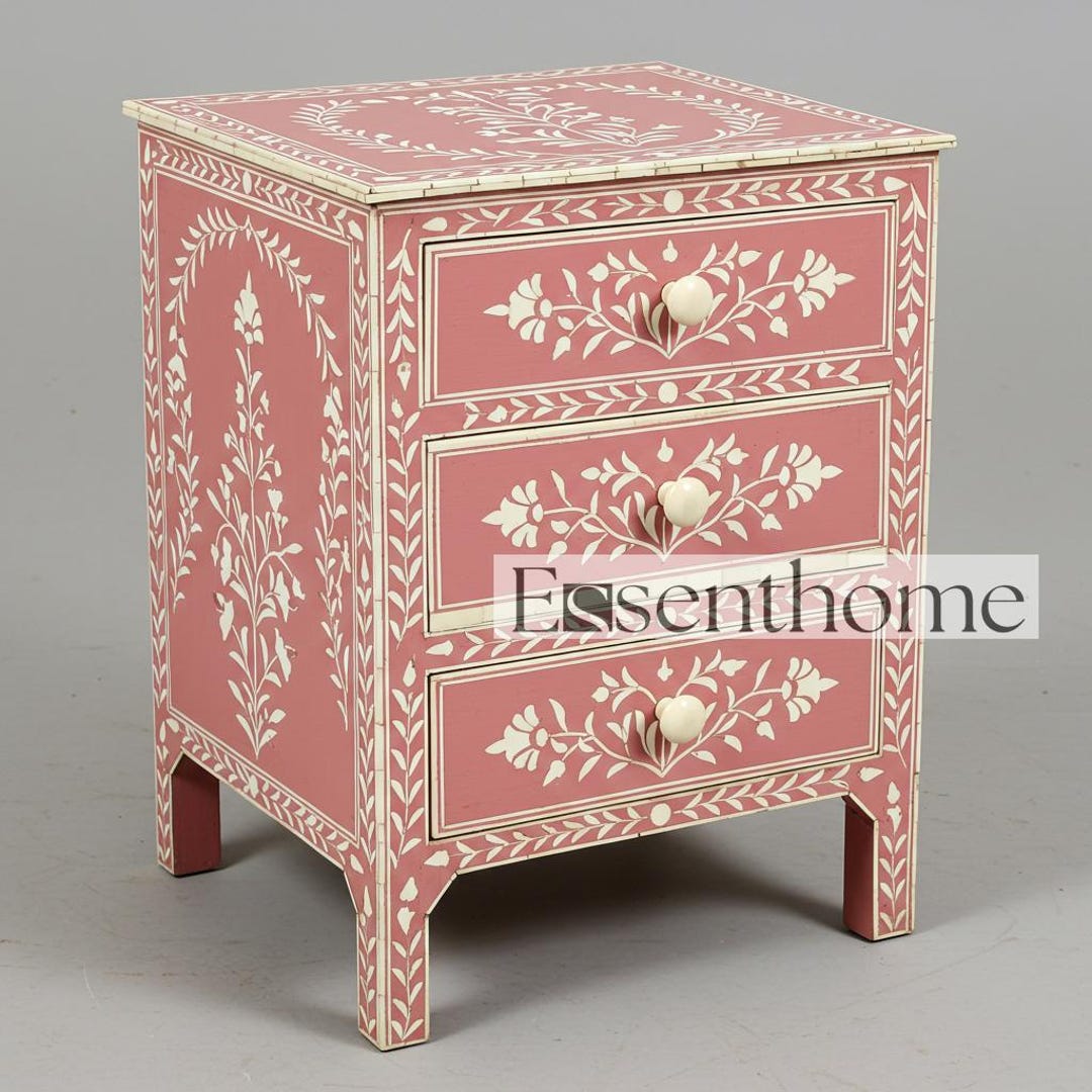 Pink Floral Bedside Table 3 Drawer Nightstand Inlay Chest Accent Table ...