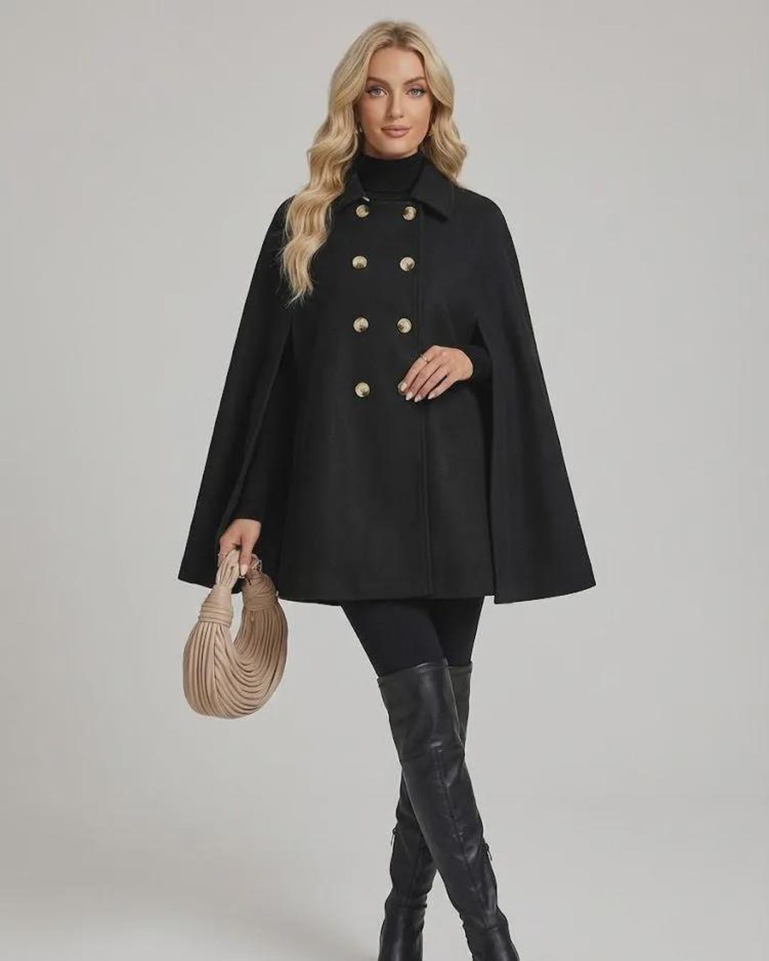 Black Wool Cape Coat for Women With Gold Buttons | Vintage Winter Cape ...