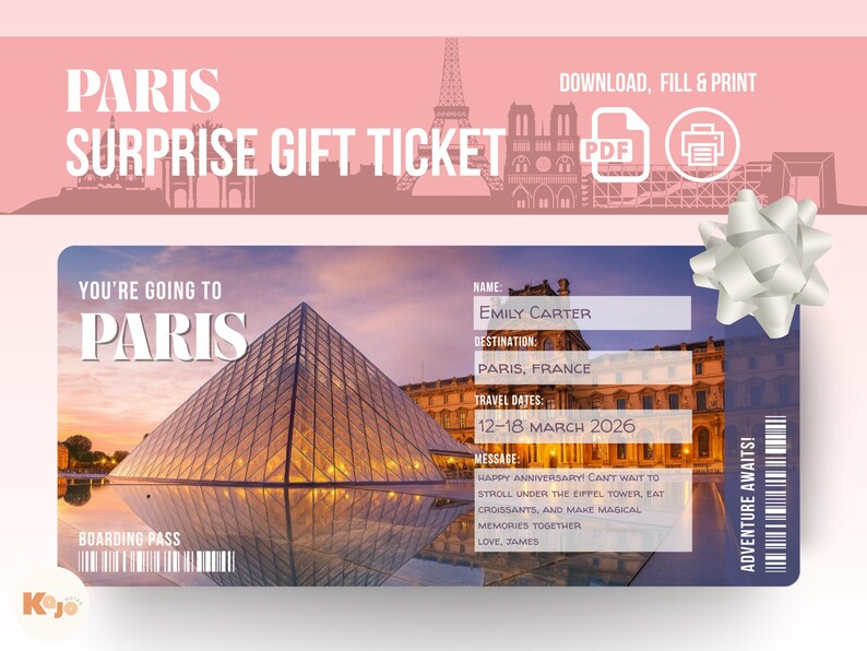 Paris France Surprise Trip Ticket: Printable Boarding Pass Gift ...