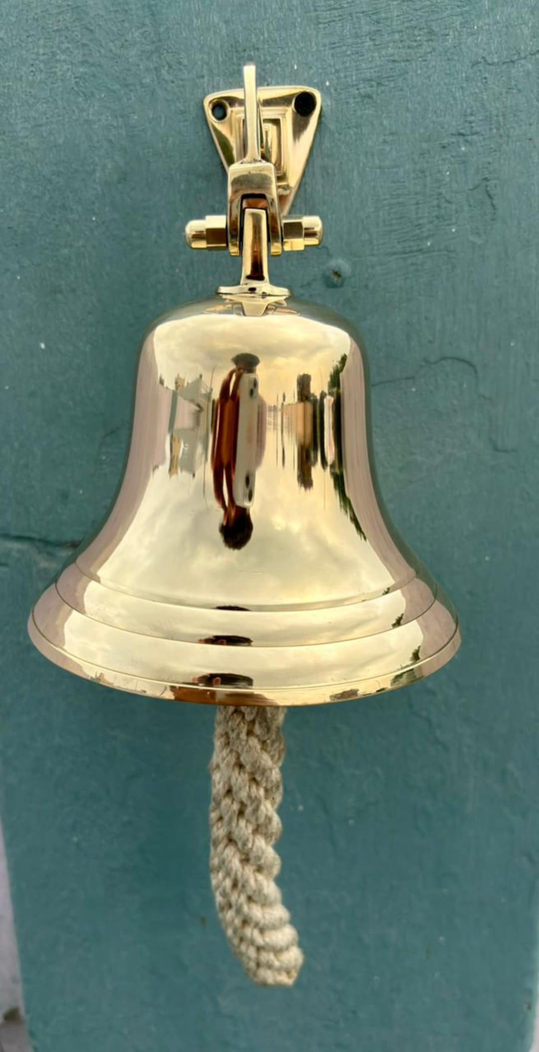 Polished Brass Wall-mounted Bell With Rope Pull - Nautical Decor - Etsy