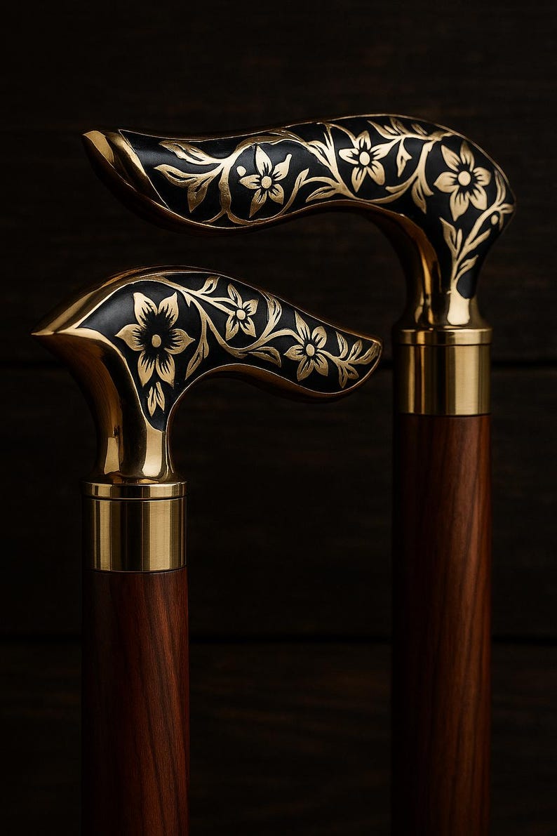 Floral Brass Handle Walking Cane | Elegant Handmade Hardwood Stick - Etsy