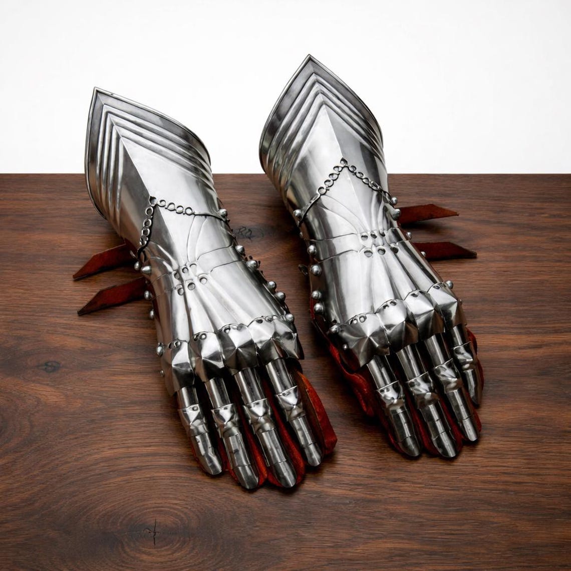 18 Gauge Steel Gothic Gauntlets – Red Suede Lined Knight Armor Gloves ...