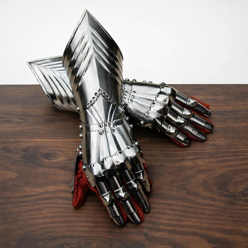 18 Gauge Steel Gothic Gauntlets – Red Suede Lined Knight Armor Gloves ...
