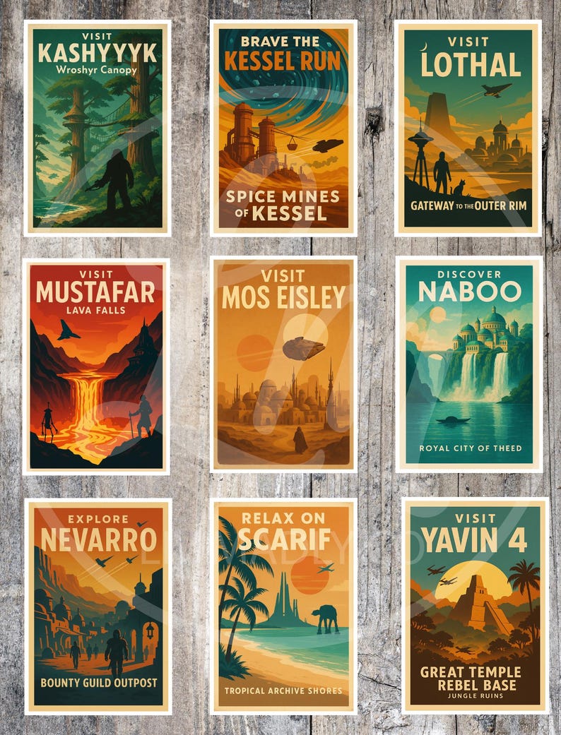 Vintage Star Wars 21 Planet Travel Poster Stickers: Batuu | Hoth ...