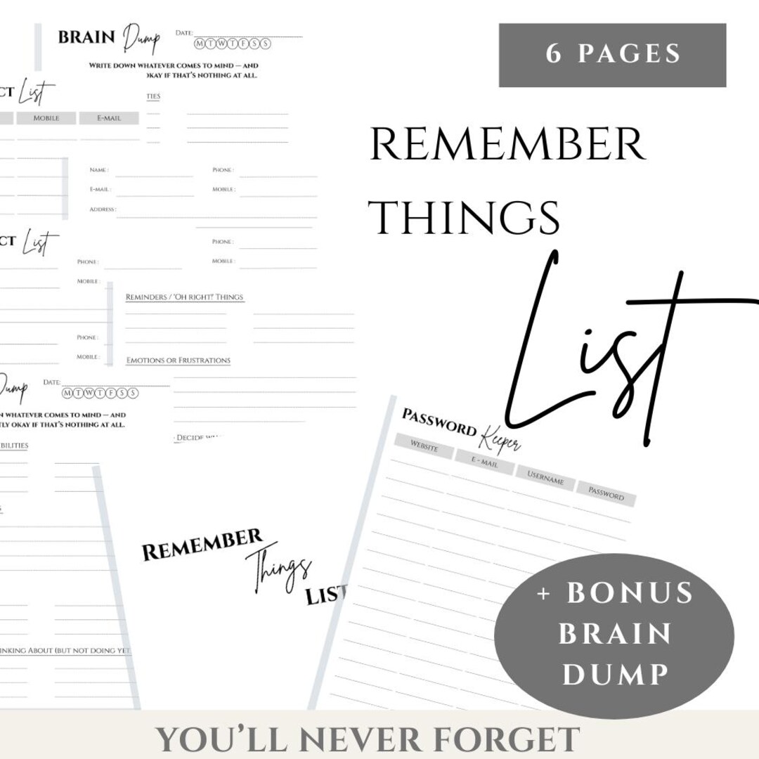Executive Functioning Planner | Brain Dump, Password Keeper (printable ...