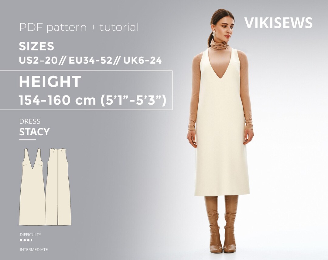 Stacy Dress 154-160 Height US Sizes 2 - 20 Pattern, Slip Dress Sewing ...