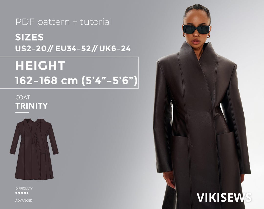 Trinity Coat PDF Sewing Pattern With Tutorial, Size EU34-EU52 for 162 ...