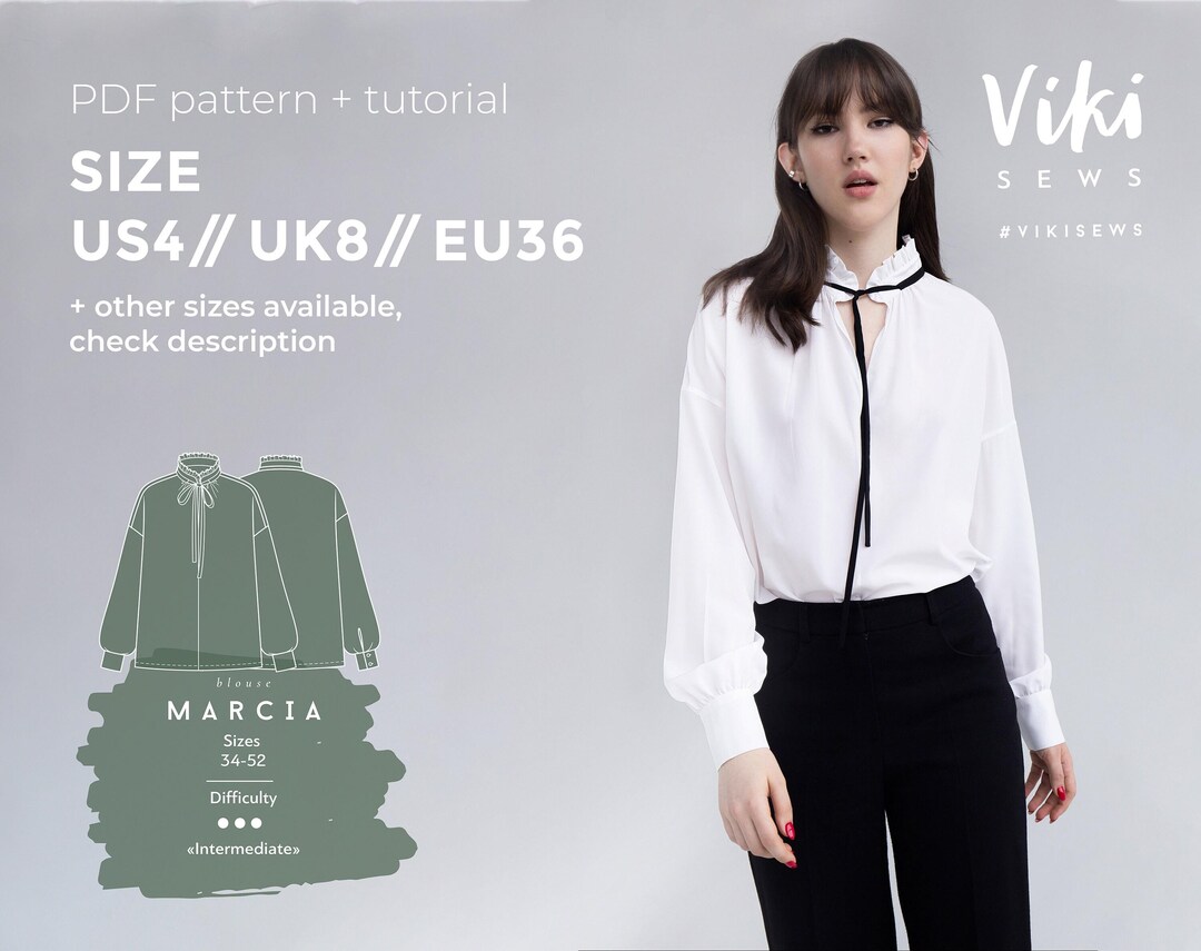 Marcia Loose Fitting Blouse Sewing Pattern With Tutorial Size US 4 UK 8 ...