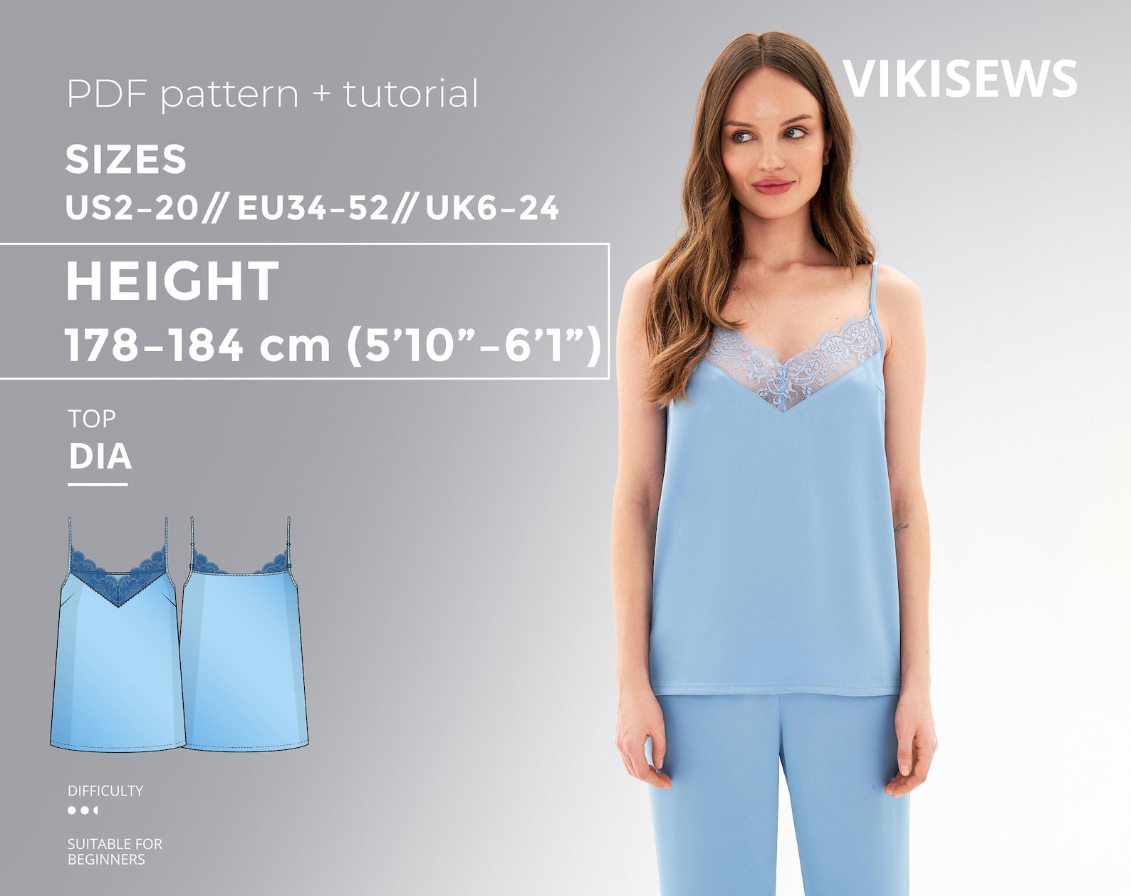 Dia Top PDF Sewing Pattern With Tutorial, Sizes EU34-EU52 for 178-184 ...