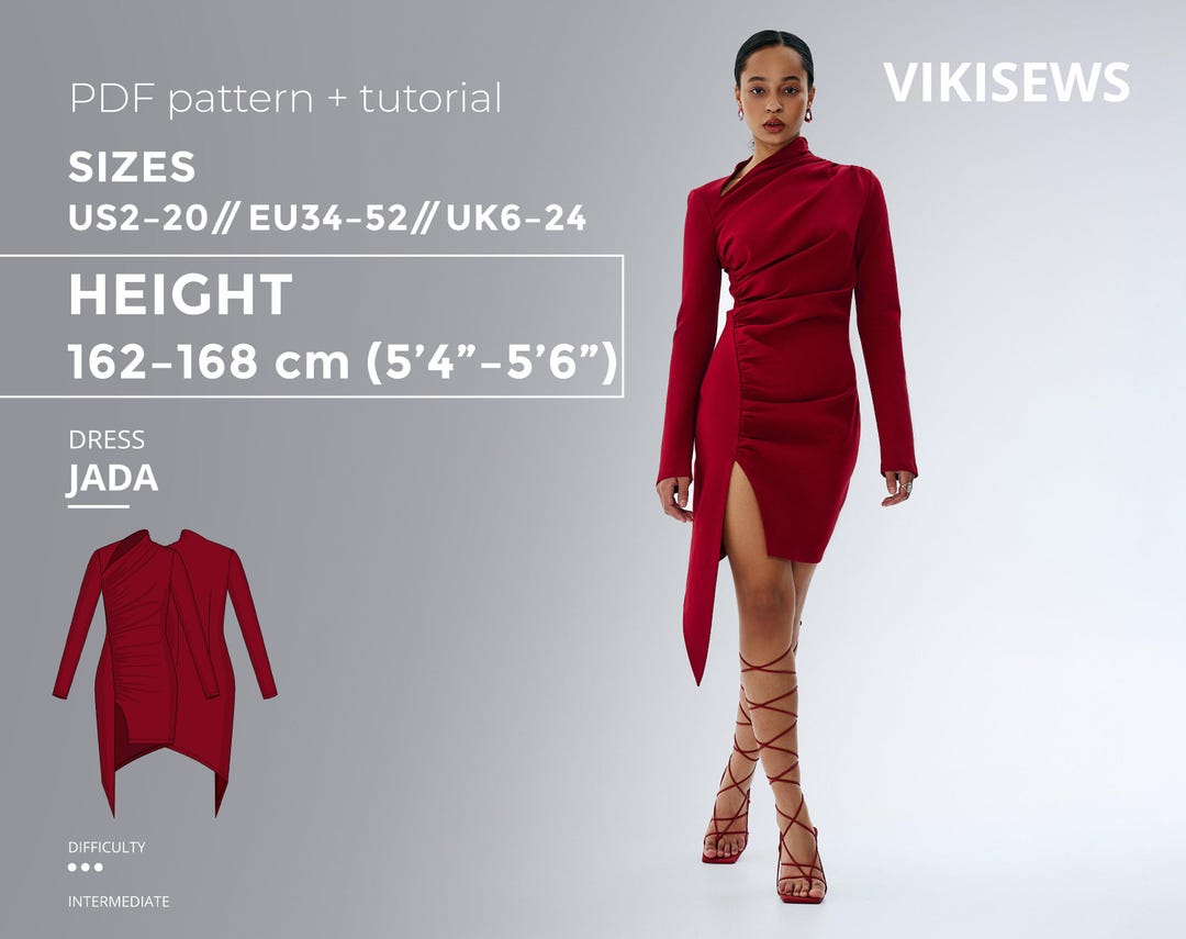 Jada Asymmetrical Dress 162-168 Height US Sizes 2-20 Pattern, Draped ...