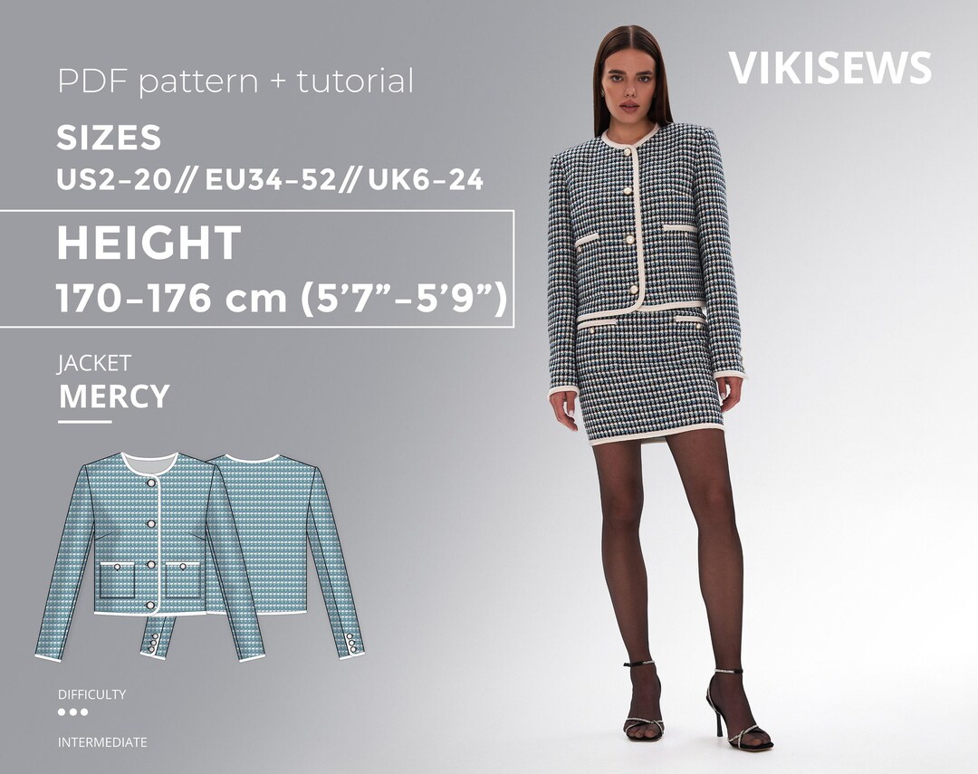 Mercy Jacket PDF Sewing Pattern With Tutorial, Size EU34-EU52 for 170 ...
