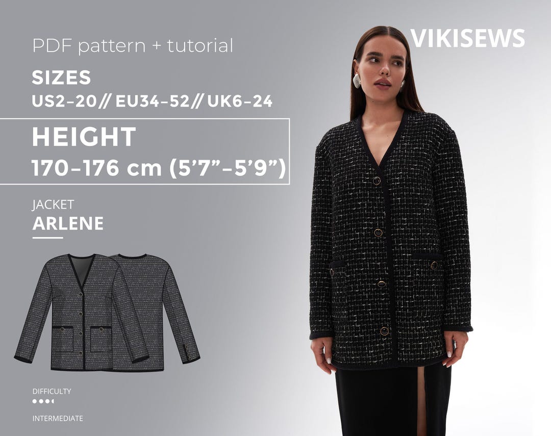 Arlene Jacket PDF Sewing Pattern With Tutorial, Size EU34-EU52 for 170 ...